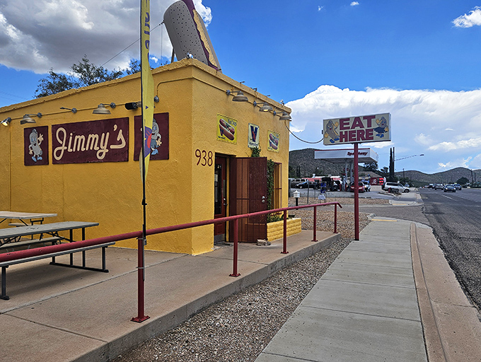 Jimmy's Hot Dog Co's sunny yellow facade promises simple, satisfying comfort food that hits the spot after exploring Bisbee's countless stairs.