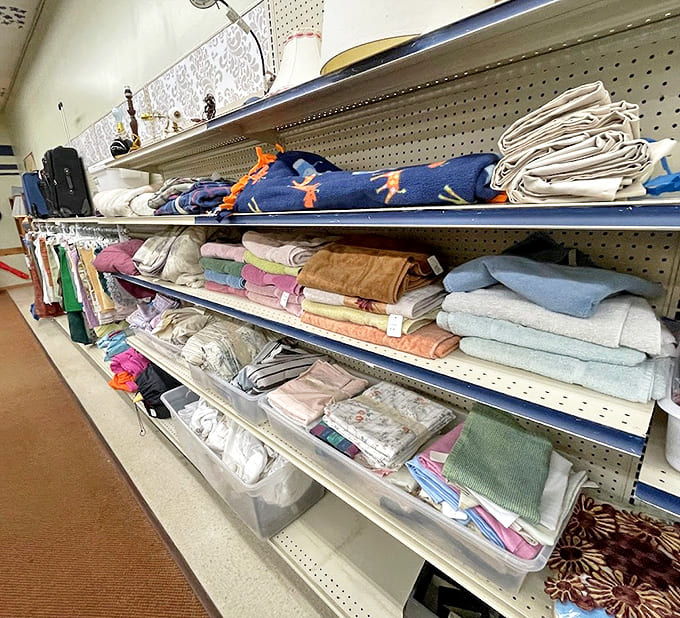 Soft linens and towels in every color of the rainbow stand ready to bring comfort to new bathrooms and bedrooms at bargain prices.