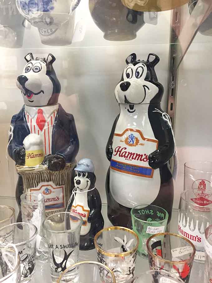 Hamm's Beer bears stand guard over the collection, proving that vintage advertising mascots never really retire, they just get collectible.