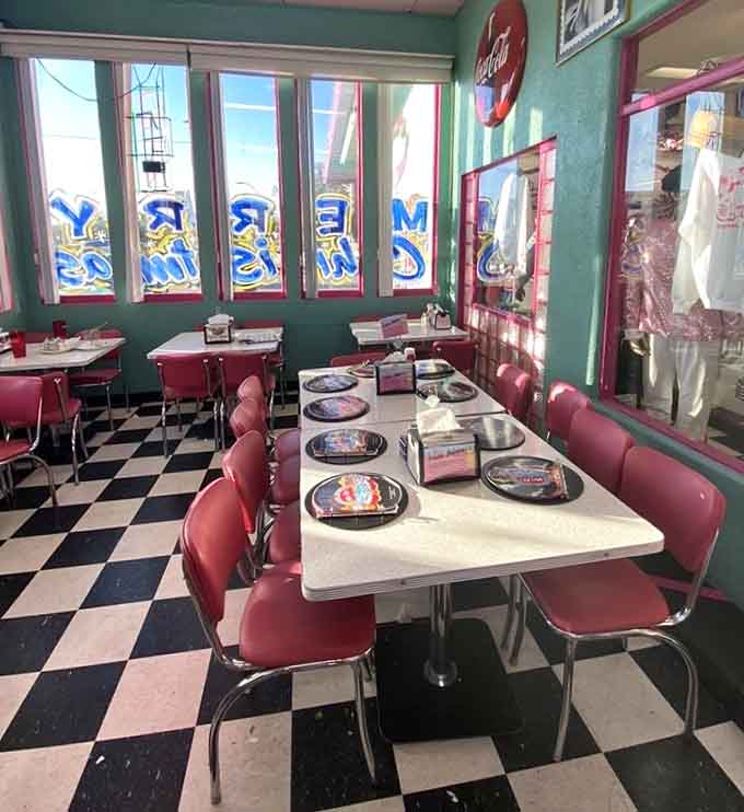 Every booth and table offers a front-row seat to vintage Americana, complete with checkered floors and chrome accents.