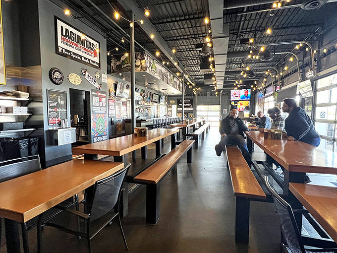 Sturdy wooden tables and benches invite groups to gather, share, and create memories over pretzels larger than your head.