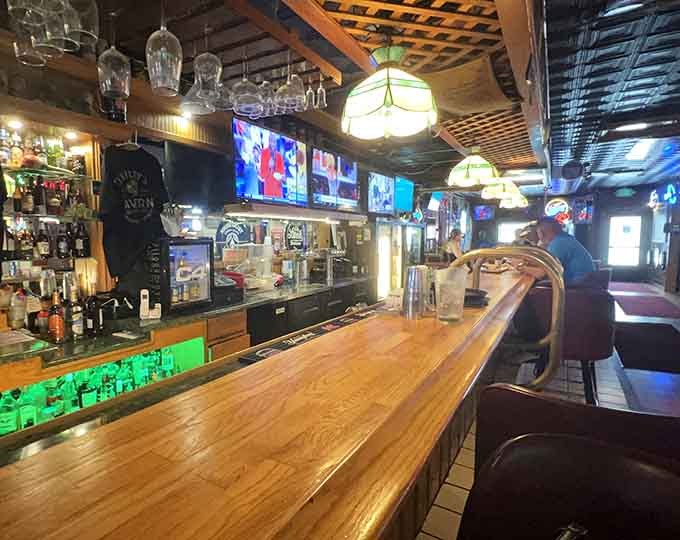 The well-stocked bar features multiple taps and enough screens to catch every game that matters.