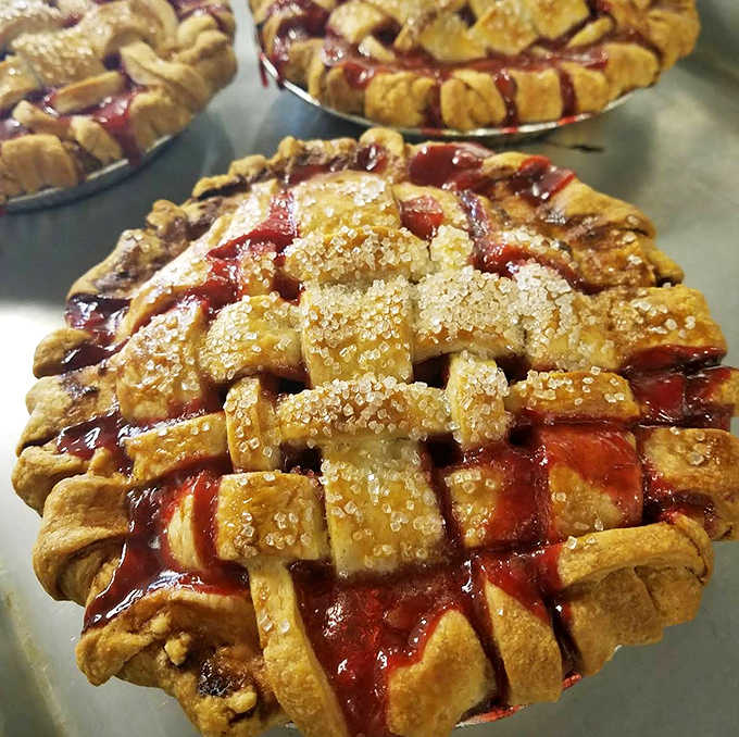 Lattice-topped fruit pies that wouldn't look out of place in a 1950s window sill, complete with cartoon steam lines rising above them.