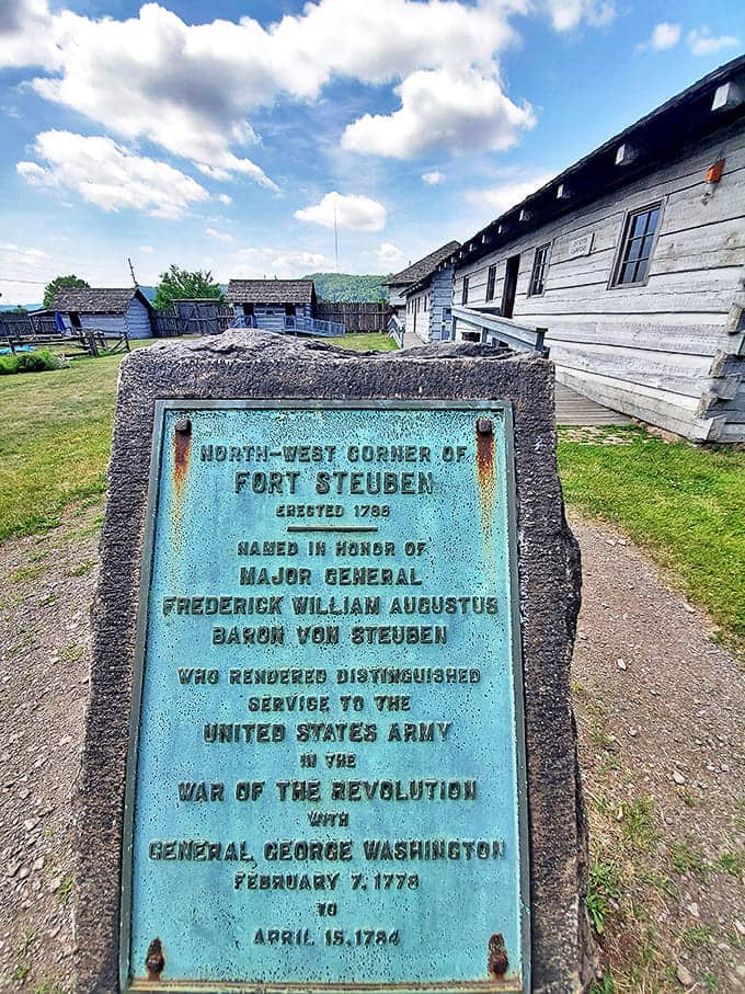 This weathered plaque marks the northwest corner of the original fort, honoring Baron von Steuben's service to the Continental Army.