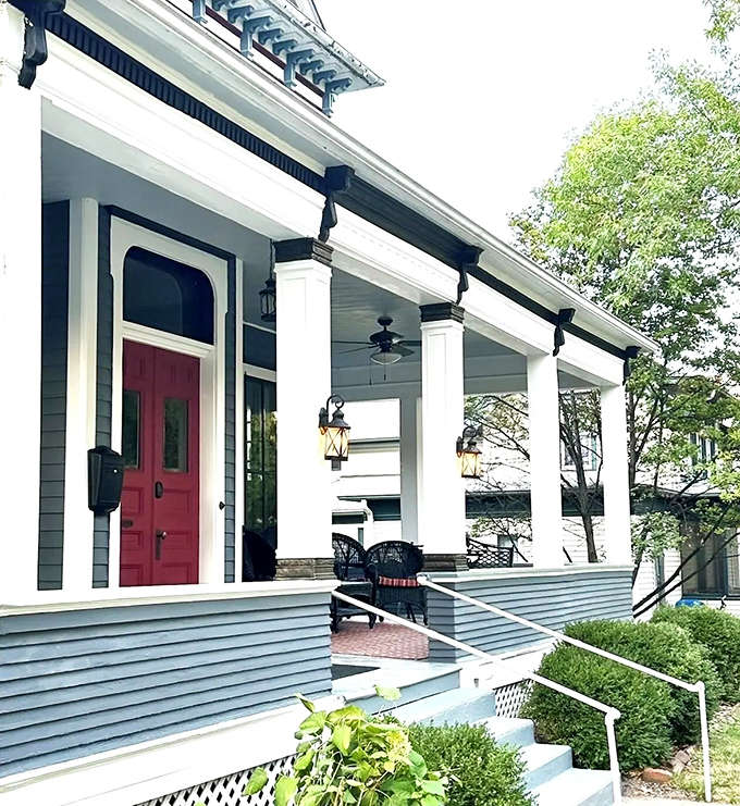 The manor's columned porch offers a front-row seat to small-town America, where rocking chairs invite you to slow down to 1876 speed.