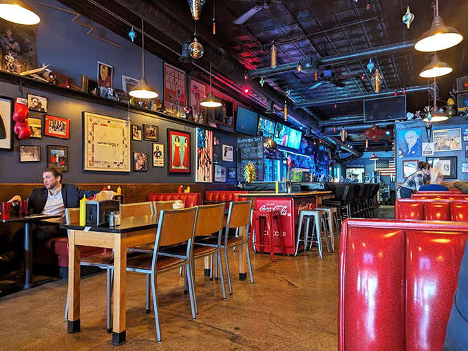 The retro-industrial interior strikes the perfect balance between nostalgic diner and modern hangout, with exposed ducts adding urban character.