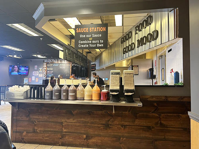 Sauce station – flavor customization headquarters where you're the artist and your canvas is already a masterpiece of smoked meat.