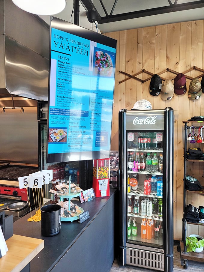 The service counter showcases both the menu and the Navajo heritage that inspires it, with traditional patterns and modern efficiency.