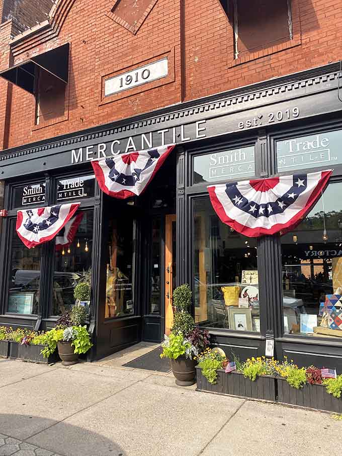 Smith + Trade Mercantile occupies a historic building where the patriotic bunting suggests they take both heritage and celebration seriously, as they should.