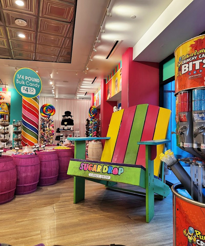 The Sugar Drop Candy Shop offers a rainbow explosion of treats, proving that after bending your mind, a sugar rush is the perfect follow-up.