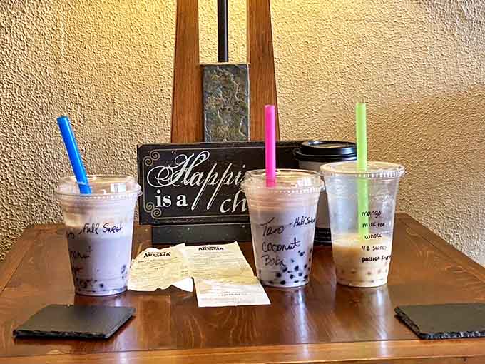 Boba tea trio &ndash; where colorful straws lead to chewy treasures hiding at the bottom of each cup like a delicious treasure hunt.