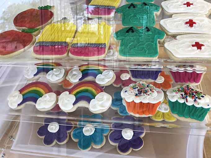 Rainbow cookies and themed designs show off the bakery's playful side, turning simple sugar cookies into colorful conversation pieces.