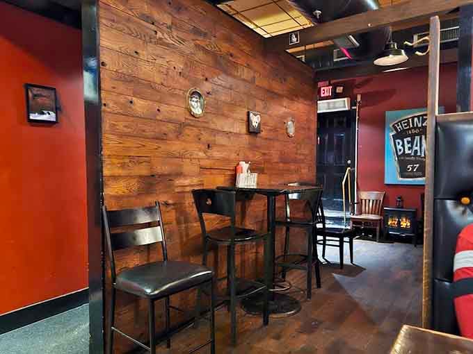 Cozy corner seating where you can tuck in with your fish and chips, maybe a pint, definitely good company.