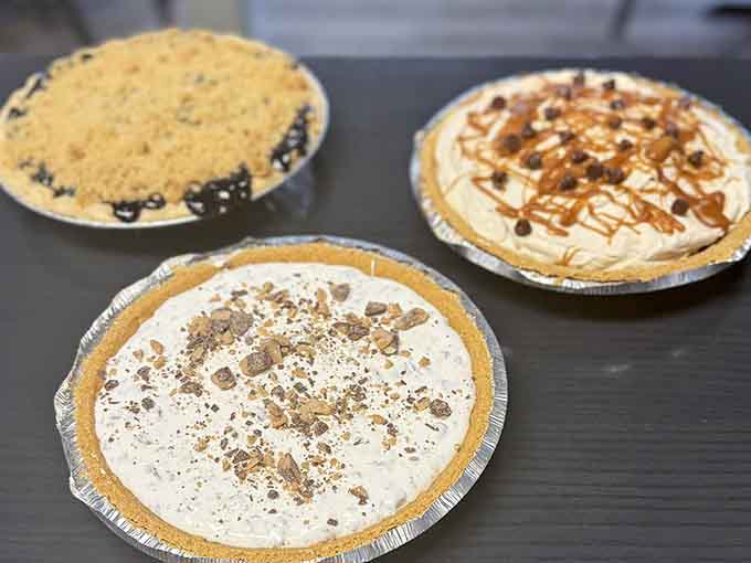 These cream pies sit pretty in their display case, tempting you to abandon all pretense of self-control and order dessert first.