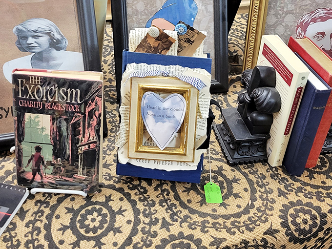 Vintage horror classics nestle among occult curiosities, creating a perfectly spooky vignette for brave literary explorers.