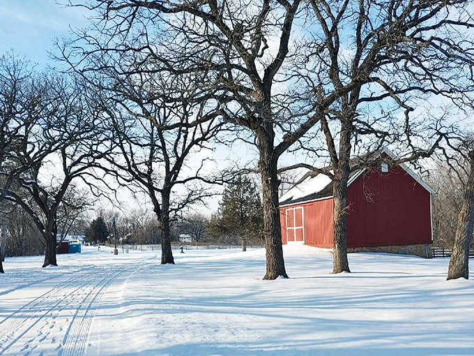 Winter transforms The Landing into a snow-covered wonderland, the red barn standing bright against nature's pristine white canvas.