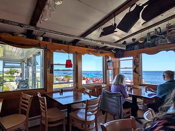 The dining room offers comfortable seating with panoramic ocean views that make every meal feel like a special occasion.