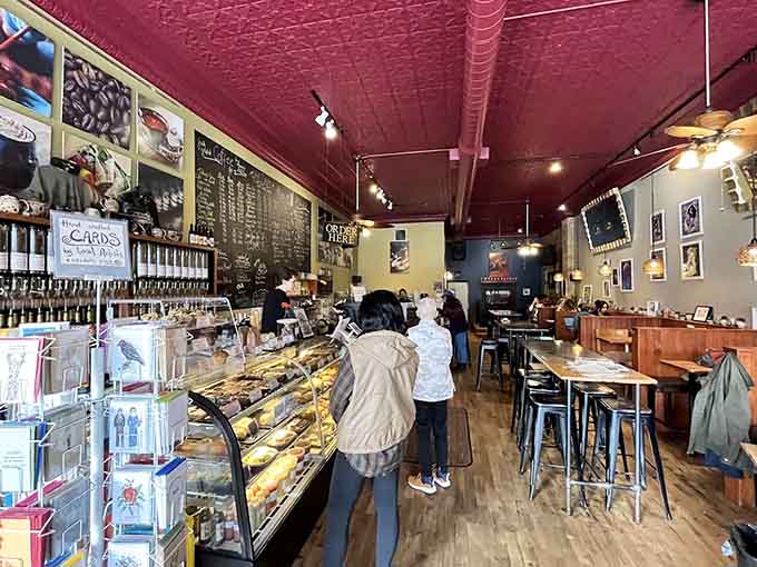 The spacious interior with communal tables and individual seating accommodates solo coffee sippers and chatty groups with equal hospitality.