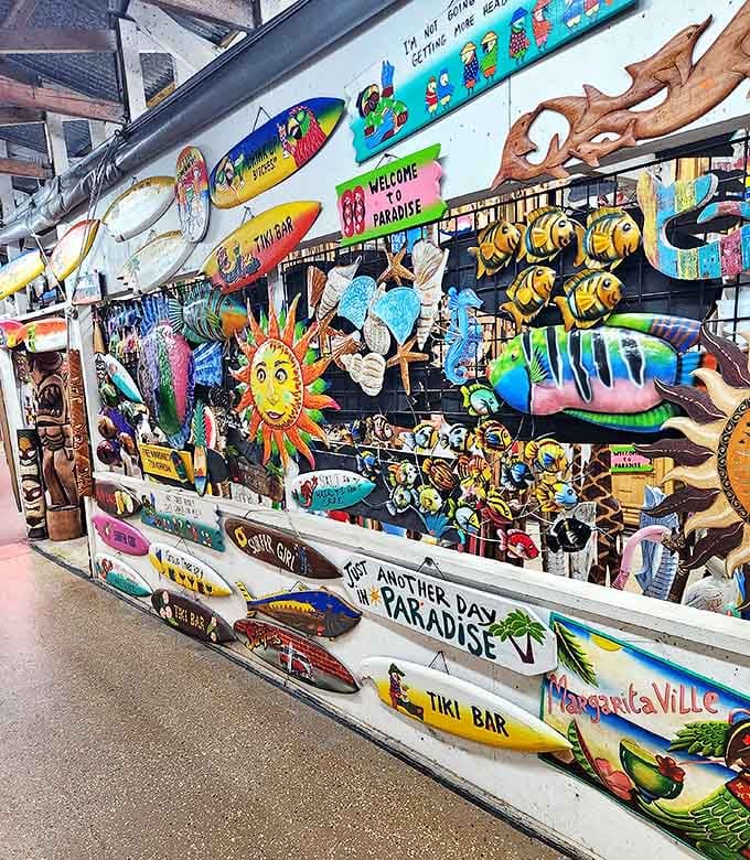 Tiki paradise wall &ndash; where every surfboard sign promises good times and reminds you that it's always 5 o'clock somewhere.