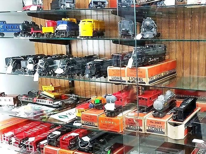 Vintage Lionel trains rest in their original packaging, treasures from an era when American manufacturing created toys built to last generations.