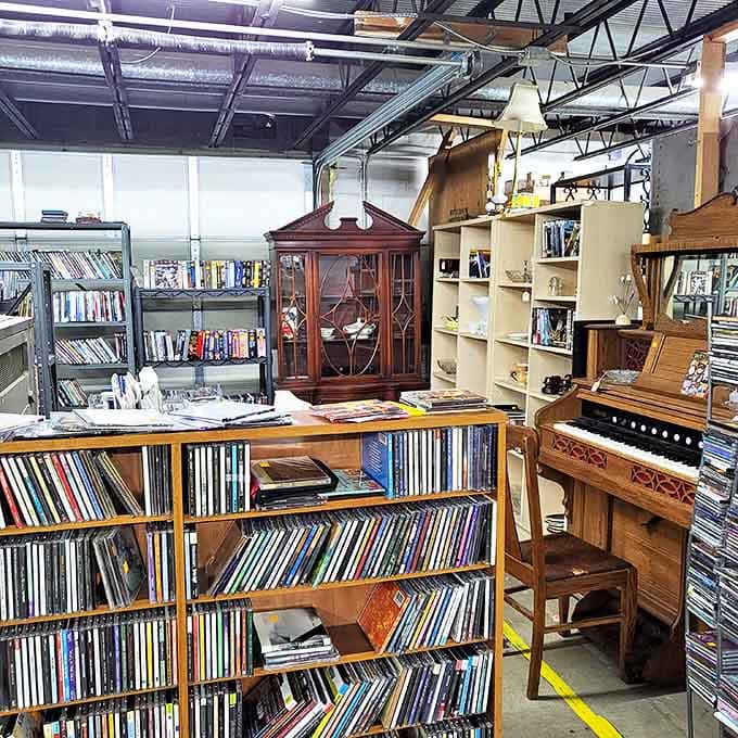 Music lovers rejoice: vinyl records share space with a vintage organ, promising both visual and auditory nostalgia for the discerning collector.