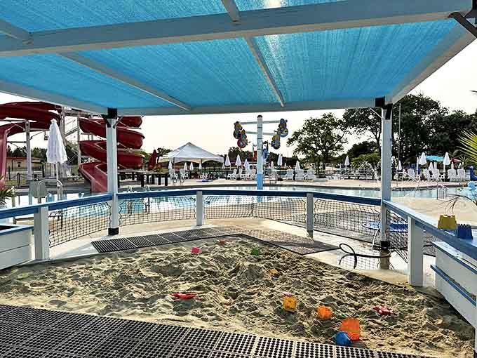 This covered sand play area offers a genius break from swimming while still keeping kids entertained &ndash; beach vibes without the sandy car ride home!
