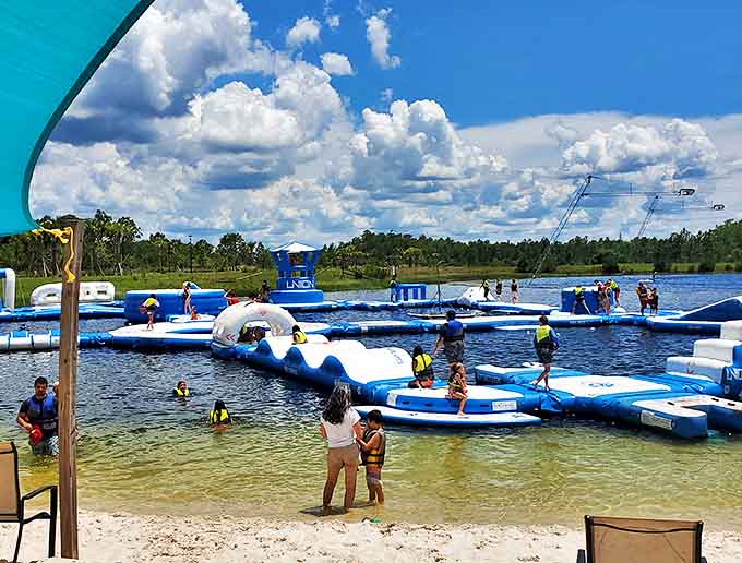 Visitors navigate the inflatable obstacle course with varying degrees of grace, creating a symphony of splashes and laughter.