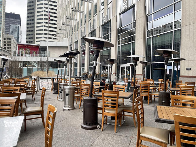 Outdoor seating lets you enjoy your breakfast while watching Chicago wake up, combining great food with even better people-watching.