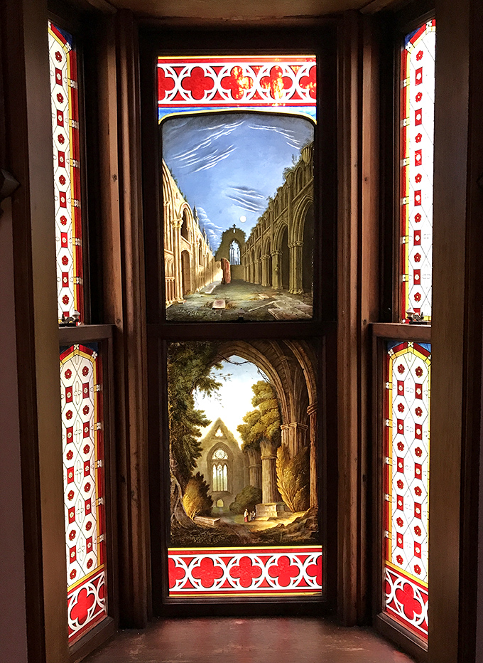 This imported window depicting Holyrood Chapel reveals Morrill's sophisticated architectural inspirations and worldly tastes.