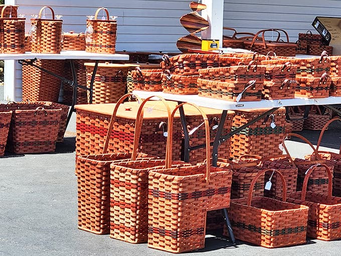 Handcrafted baskets line the outdoor display, each woven with care and ready to carry home your edible treasures or become gifts themselves.