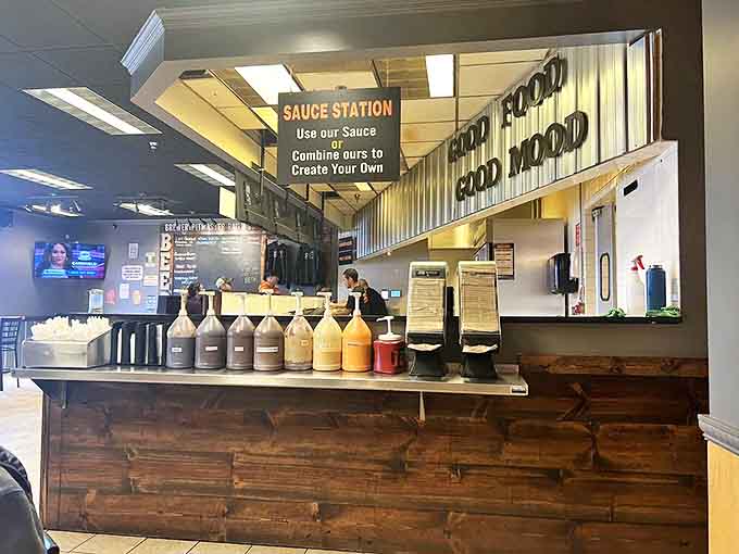 The sauce station invites you to be your own pitmaster, mixing and matching flavors like a mad scientist of deliciousness.