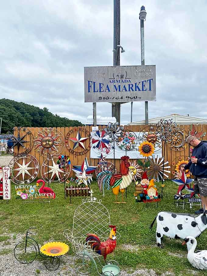 Garden decorations create a cheerful display of metal suns, stars, and roosters &ndash; perfect for adding personality to Michigan backyards year-round.