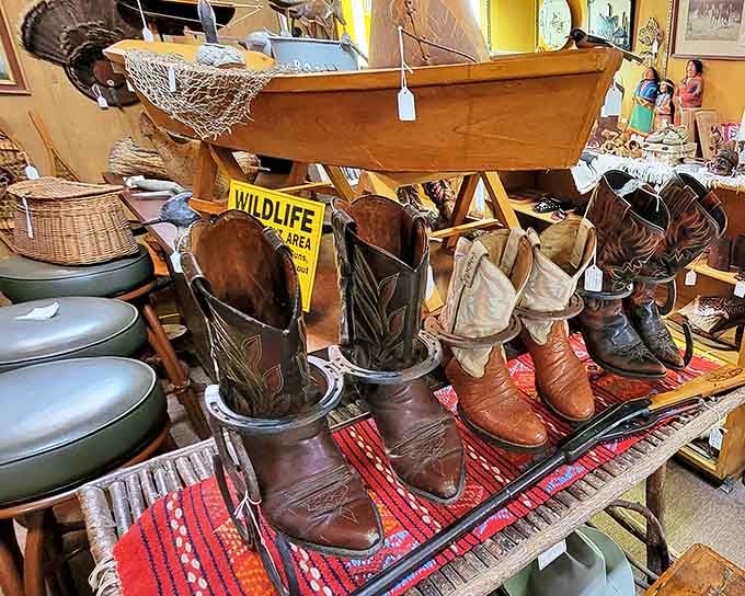 These well-worn cowboy boots have stories to tell, their leather creased by adventures we can only imagine as they wait for new journeys.