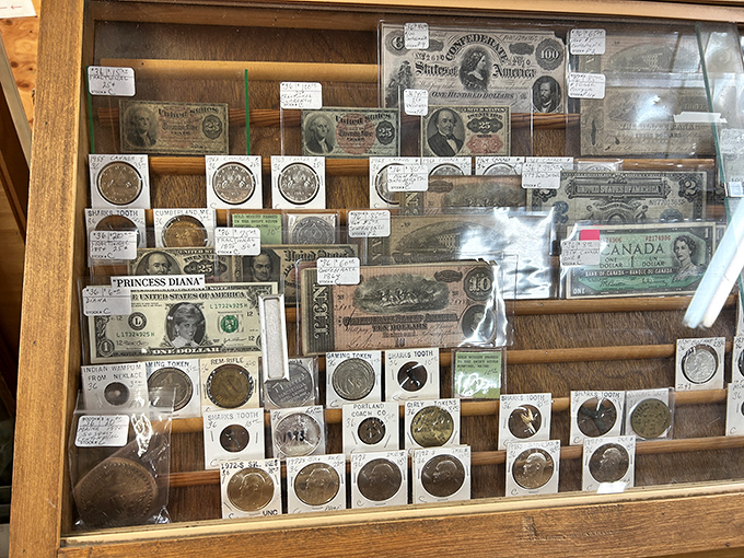 Currency and coins from different eras create a fascinating financial timeline, from Confederate bills to commemorative coins.