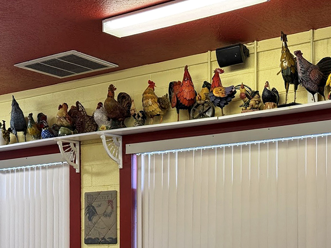 The famous rooster collection stands guard along the upper shelf, each one with its own personality and backstory. They've witnessed countless clean plates and satisfied smiles.