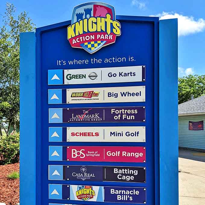 The directory sign stands as a treasure map to fun, pointing the way to adventures wet and dry throughout Knight's Action Park.