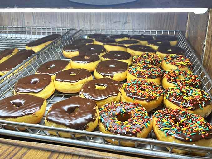 Classic donuts with chocolate glaze and rainbow sprinkles prove that sometimes the traditional approaches exist for good reason, like making children and adults equally happy since forever.