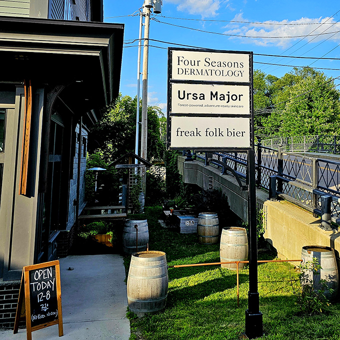 Freak Folk Bier's outdoor seating invites leisurely afternoon sipping, with rustic barrels and garden touches creating beer garden perfection.