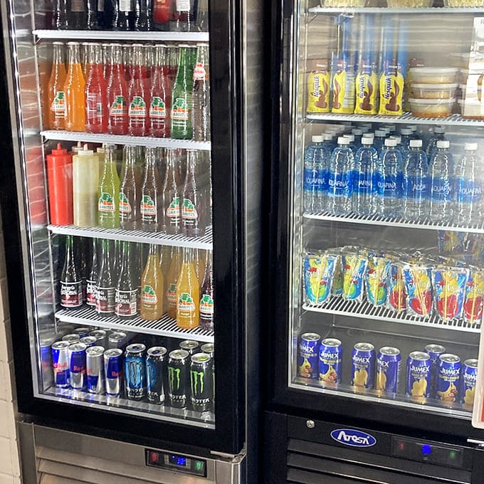 A rainbow of Mexican sodas stands at attention in the cooler, their vibrant colors promising sweet, fruity refreshment to complement your meal.