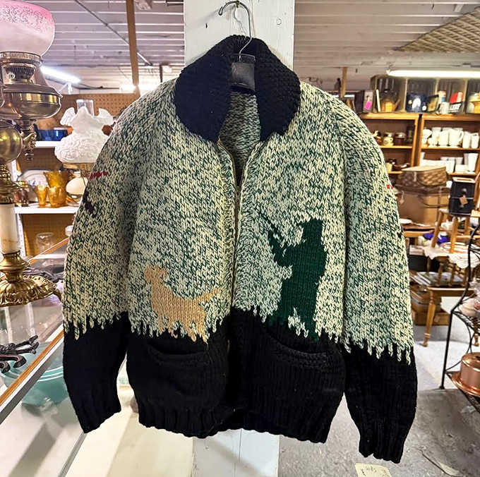 This hand-knit sweater with its hunting scene tells the story of someone who created wearable art one stitch at a time.