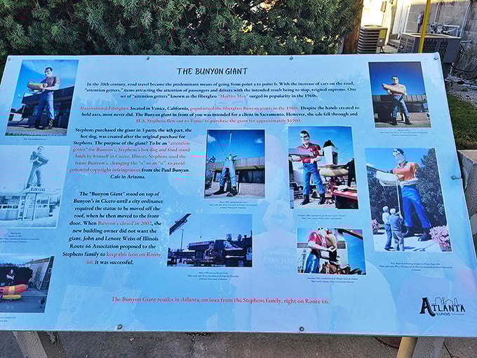 The informational display reveals the fascinating journey of how this marketing icon became a beloved Route 66 landmark.