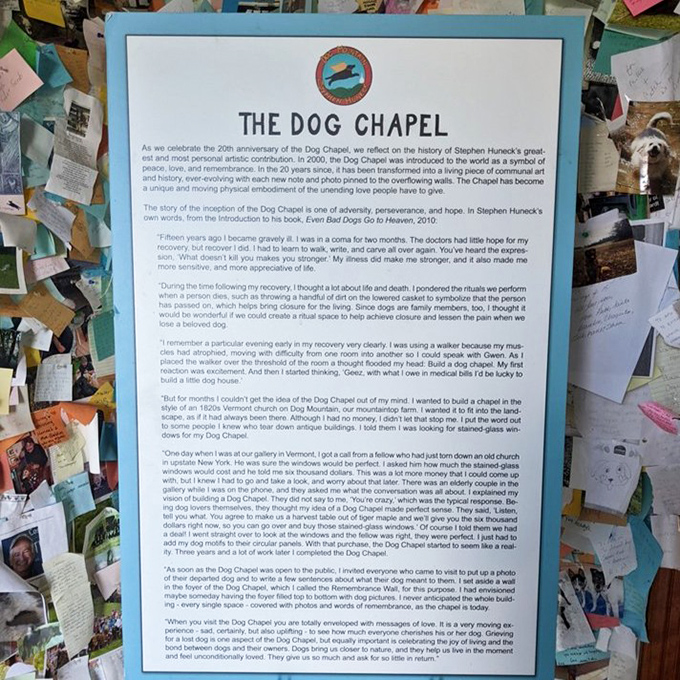 The origin story revealed: a plaque detailing how illness, recovery, and a vision transformed into this extraordinary monument to the human-animal bond.