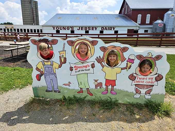 The photo cutout lets kids become honorary dairy farmers, complete with cow ears and ice cream cone props.