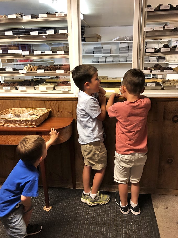 Young chocolate enthusiasts plotting their selections - the next generation of connoisseurs learning the art of chocolate appreciation.