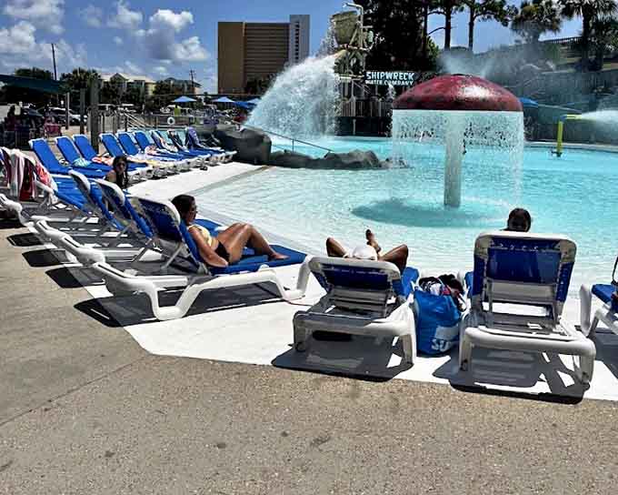 Prime real estate for sun worshippers! These loungers offer front-row seats to the splashing symphony of the wave pool's aquatic performance.