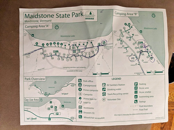 The park map reveals Maidstone's thoughtful layout, where campsites nestle along shorelines and trails wind through untouched wilderness.