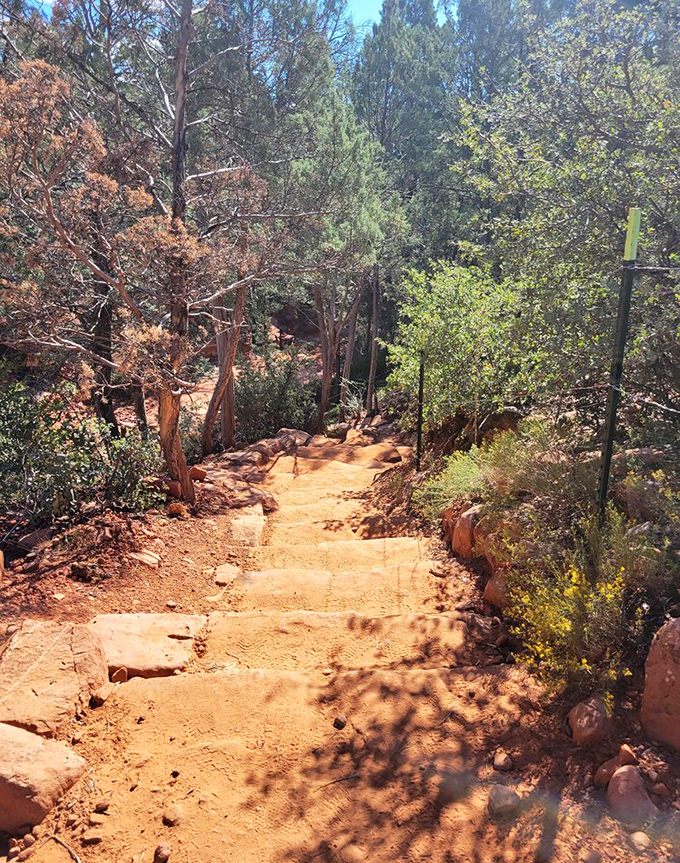 Rustic earthen stairs carved into the hillside guide adventurers through the changing elevation, each step revealing new perspectives of Sedona.