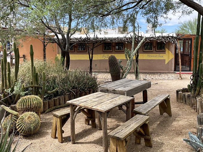 Desert dining at its finest &ndash; rustic wooden tables nestled among cacti create an authentic Southwestern experience that enhances every bite.