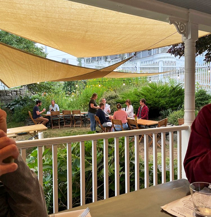 Garden dining under sail-cloth shade, where conversations flow as freely as the wine and harbor breezes carry the scent of saltwater and possibility.