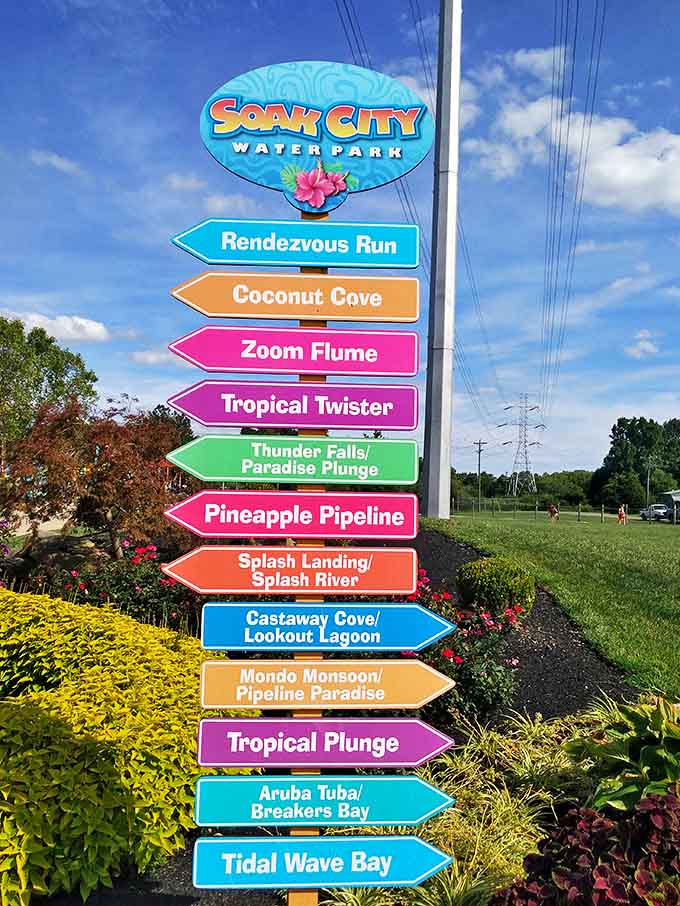 Signs: The colorful roadmap to water-based adventures, each arrow pointing to a different flavor of fun.